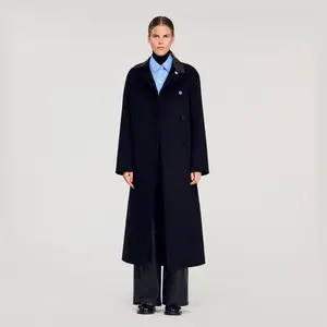 Sandro Long Wool And Leather Trench Coat - Black