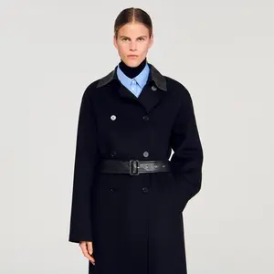 Sandro Long Wool And Leather Trench Coat - Black