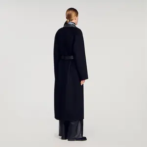 Sandro Long Wool And Leather Trench Coat - Black