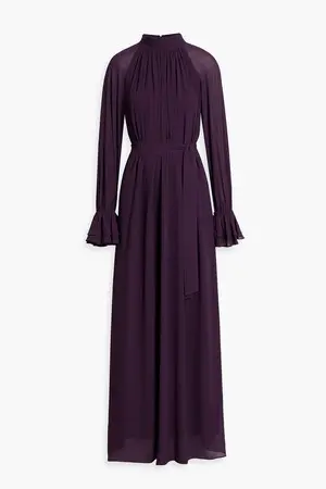 MIKAEL AGHAL Gathered Chiffon Maxi Gown With Waist Tie - Violet
