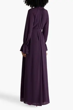 MIKAEL AGHAL Gathered Chiffon Maxi Gown With Waist Tie - Violet