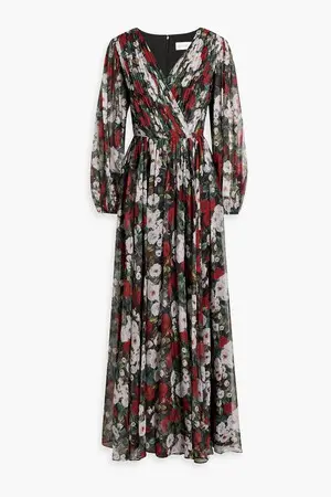 MIKAEL AGHAL Pleated Floral-Print Organza Maxi Dress - Red