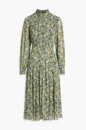 mikael aghal green dress Pleated Floral-Print Crepe Midi In Leaf - 75% Off bf40