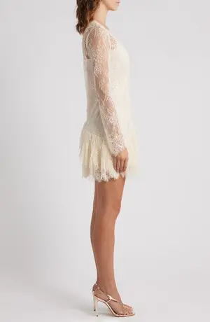 LoveShackFancy Seelie Eyelash Lace Long Sleeve Minidress - Ivory