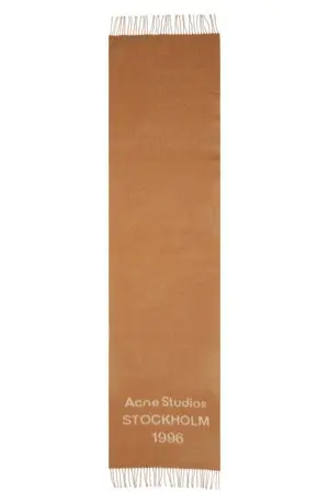 Acne Studios 1996 Logo Jacquard Double Face Wool Fringe Scarf - Camel/ecru