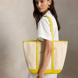 Ralph Lauren Leather-trim Canvas Medium Shopper Tote - Ecru/racing Yellow