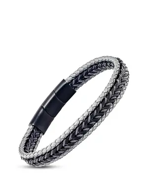 LINK UP Woven Leather And Stainless Steel Bracelet - Black/grey