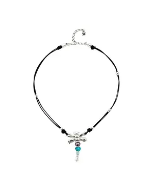 UNODE50 Sterling -plated Dragonfly Leather Necklace With Crystals - Silver