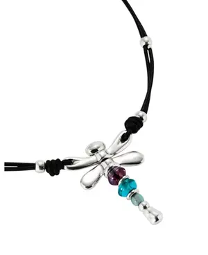 UNODE50 Sterling -plated Dragonfly Leather Necklace With Crystals