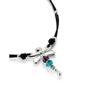 UNODE50 Sterling -plated Dragonfly Leather Necklace With Crystals