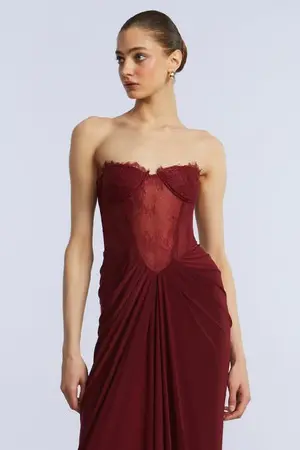 Bcbgmaxazria Lace And Jersey Strapless Gown - Cabernet