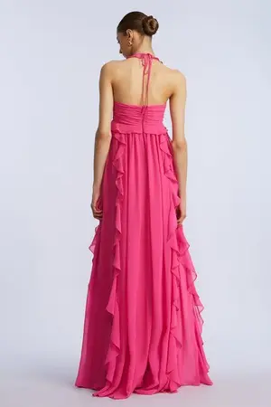 Bcbgmaxazria Ruffle Chiffon Halter Gown