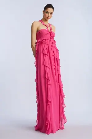 Bcbgmaxazria Ruffle Chiffon Halter Gown