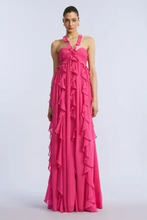 Bcbgmaxazria Ruffle Chiffon Halter Gown