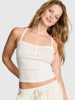 Pink Cotton Henley Cami - Beige