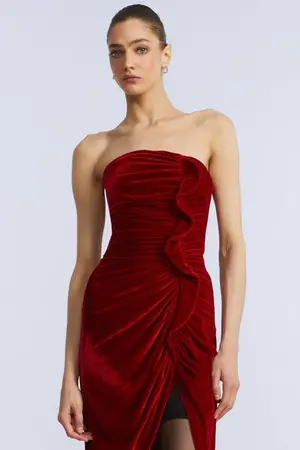 Bcbgmaxazria Strapless Velvet Ruffle Midi Dress