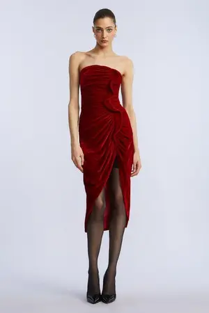 Bcbgmaxazria Strapless Velvet Ruffle Midi Dress