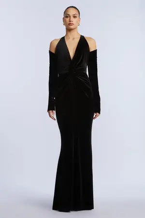 Bcbgmaxazria Long Sleeve Halter Velvet Gown