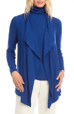 Karen Kane Rib Draped Open Front Cardigan - Indigo