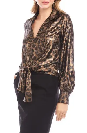 Karen Kane Tie Front Metallic Top - Leopard