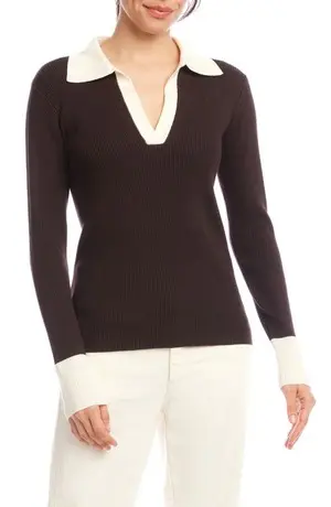 Karen Kane Contrast Rib Polo Sweater - Chocolate W/cream