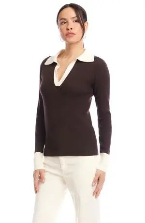 Karen Kane Contrast Rib Polo Sweater - Chocolate W/cream