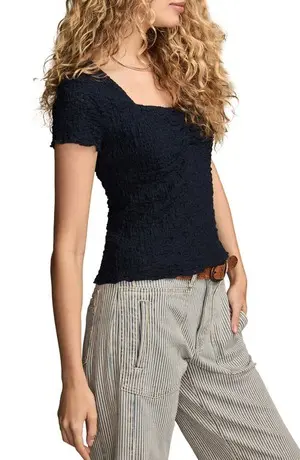 Lucky Brand Textured Sweetheart Neck Knit Top - Black Iris