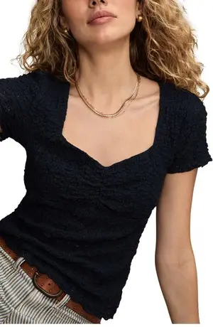 Lucky Brand Textured Sweetheart Neck Knit Top - Black Iris