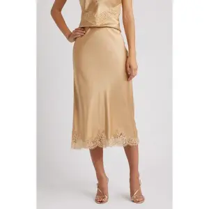 LoveShackFancy Malina Lace Detail Silk Skirt - Camel Charm