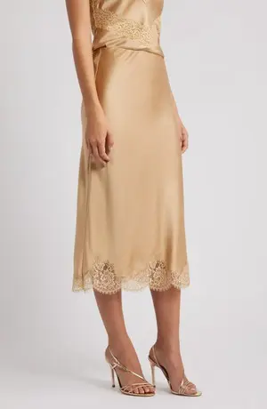 LoveShackFancy Malina Lace Detail Silk Skirt - Camel Charm