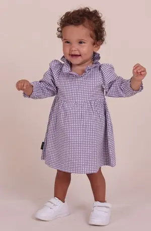 TINY TRIBE Check Long Sleeve Frill Neck Dress