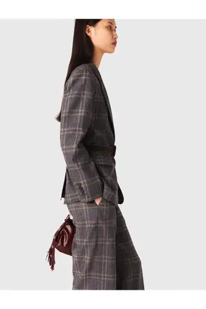 Maje Checkered Belted Suit Jacket - Black / White / Pink / Gray