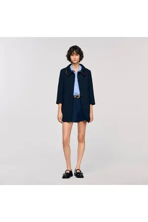 Sandro Leather Trim Coat - Blue / Navy