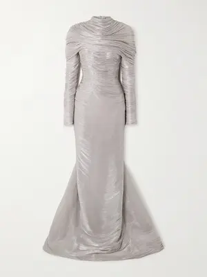 MARMAR HALIM Cape-effect Metallic Plissé-chiffon Gown