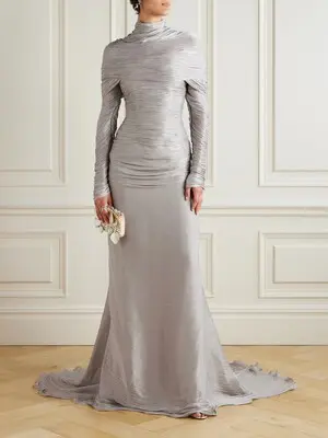 MARMAR HALIM Cape-effect Metallic Plissé-chiffon Gown