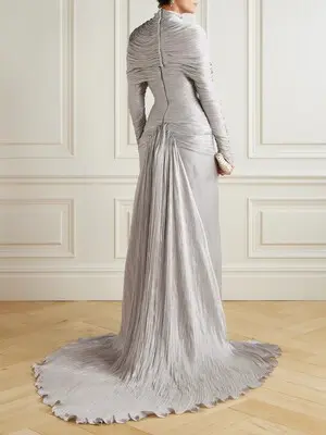 MARMAR HALIM Cape-effect Metallic Plissé-chiffon Gown