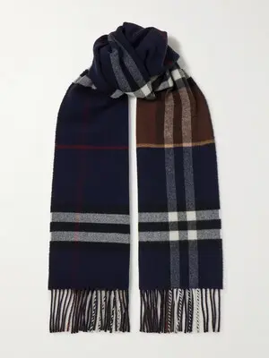 Burberry Fringed Checked Cashmere Scarf Blue