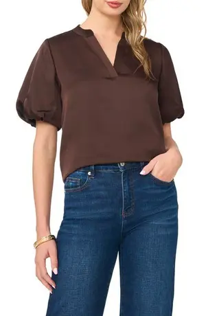 Vince Camuto Satin Puff Sleeve Top - Chocolate