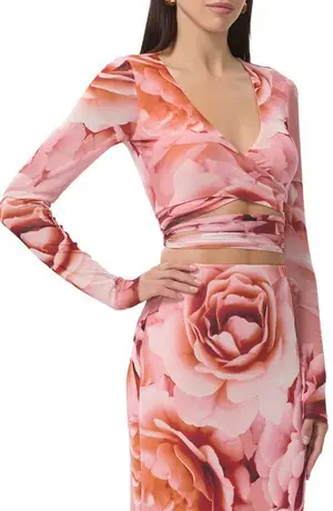 AFRM Halsey Wrap Mesh Crop Top - Peach Roses