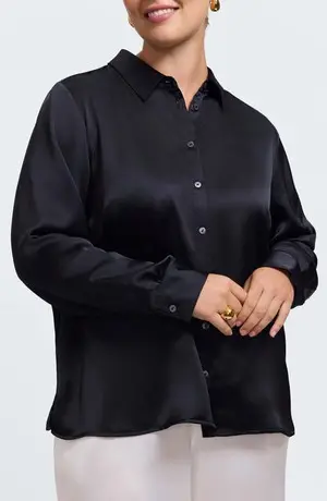 Foxcroft Bianca Satin Button-up Shirt - Black