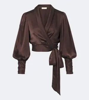 Zimmermann Silk Satin Wrap Top Brown
