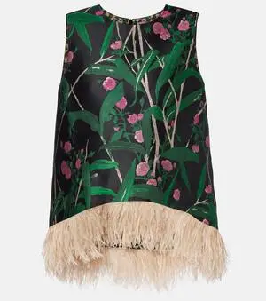 La DoubleJ La Scala Feather-trimmed Jacquard Top - Multicoloured