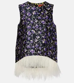 La DoubleJ La Scala Feather-trimmed Jacquard Top - Multicoloured