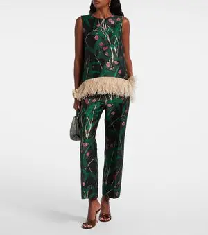 La DoubleJ La Scala Feather-trimmed Jacquard Top - Multicoloured