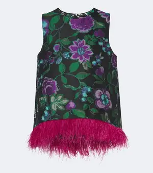 La DoubleJ La Scala Feather-trimmed Jacquard Top - Multicoloured