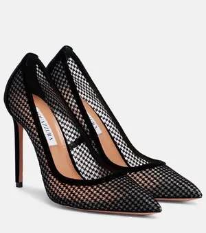 AQUAZZURA Houndstooth Velvet Pumps - Black