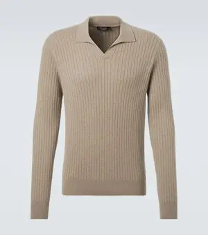 Loro Piana Ribbed-Knit Cashmere Polo Sweater Beige