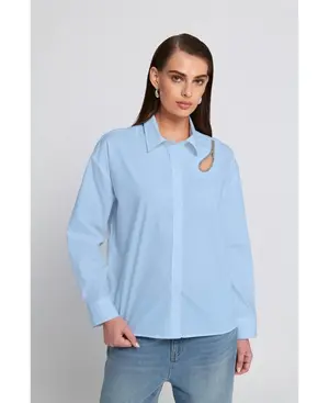 ELLE COLLECTION Rhinestone Trim Cutout Shirt - Blue