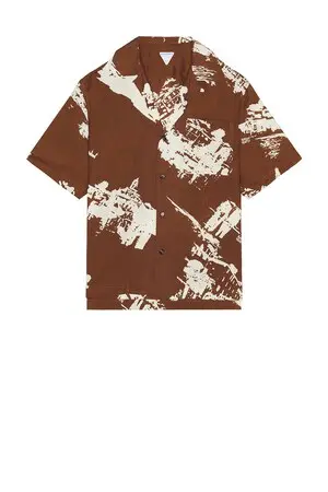 Bottega Veneta Postcard Print Silk Shantung Short Sleeve Shirt In Brown - Pecan & Dove