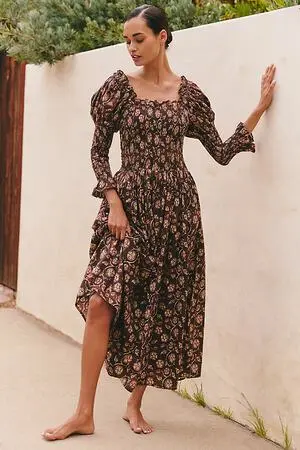 RO'S GARDEN Jocelyn Puff-sleeve Maxi Dress - Brown Pattern